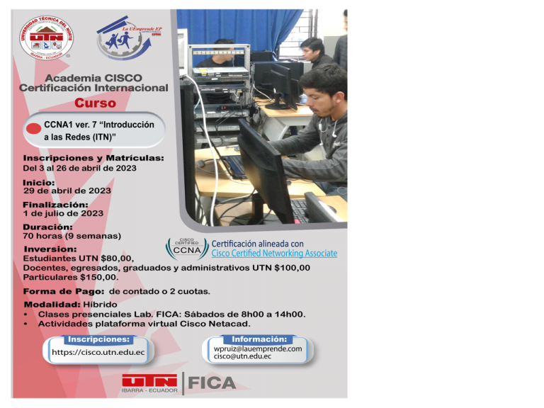 Inscripciones curso CCNA1 «INTRODUCCIÓN A LAS REDES», PERIODO ABRIL-JULIO 2023